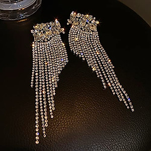 Octwine Long Tassel Full Bling Bling Fashion Crystal Rhinestone Drop Earrings Oversized Wedding Prom Party Long Rhinestone Earrings for Women