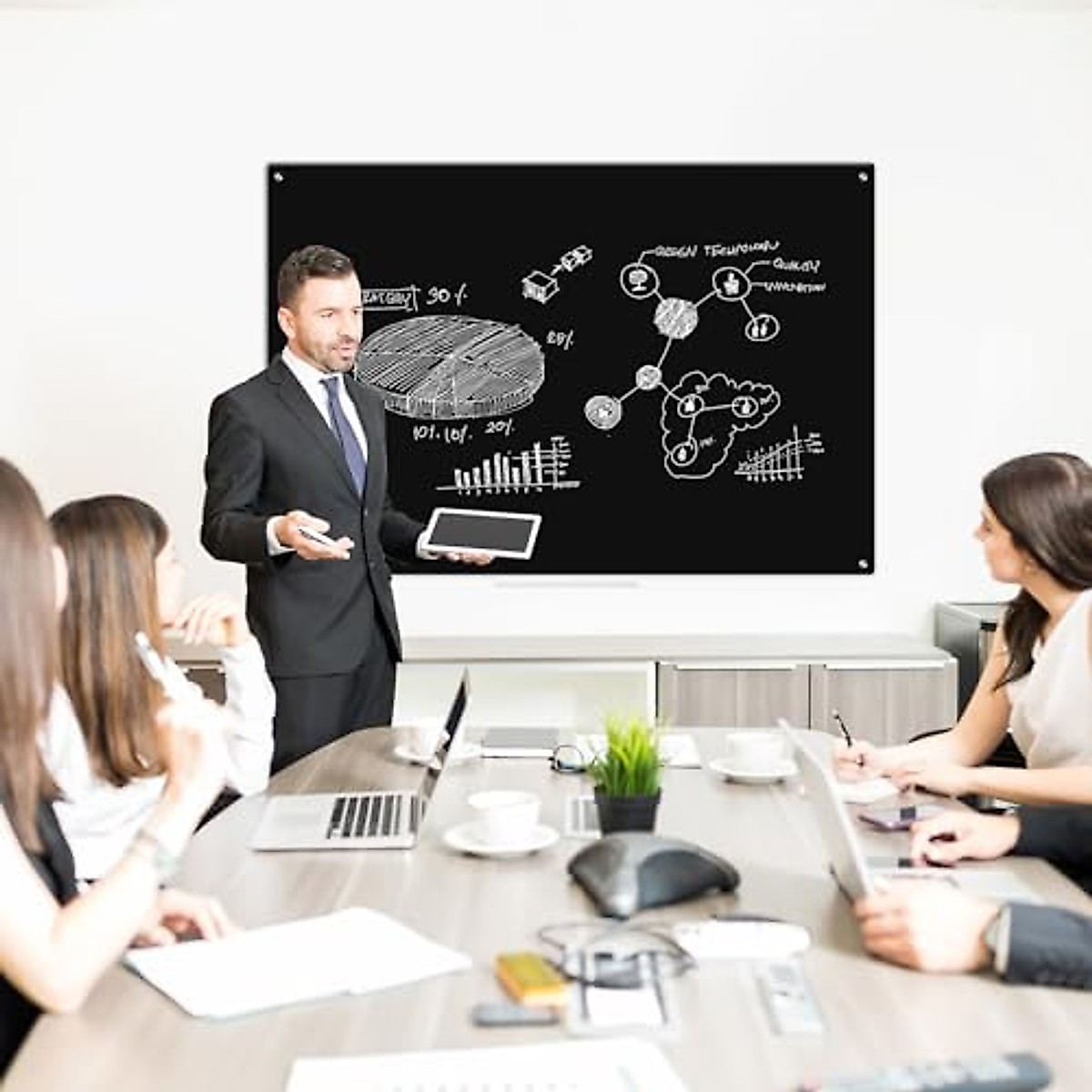 WALGLASS Black Dry Erase Board 46"x33", Large Magnetic Glass Board, Framless Tempered Black Glass Whiteboard for Walls, Office, School, 6 Strong Magnets, 1 Acrylic Pen Tray