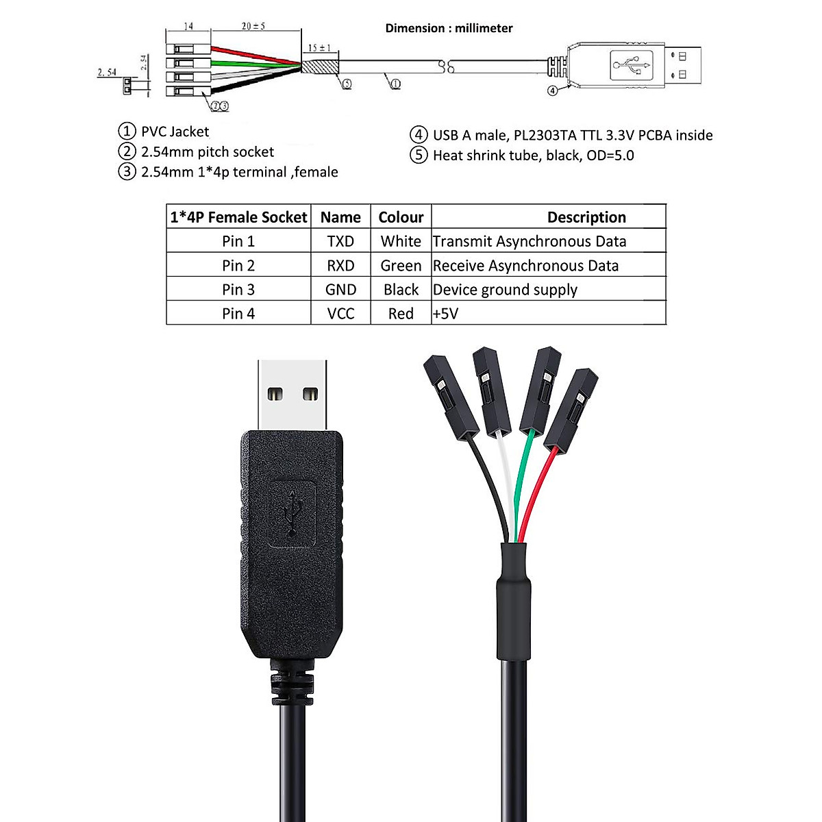 DTech USB to TTL Serial 3.3V Adapter Cable TX RX Signal 4 Pin 0.1 inch Pitch Female Socket PL2303 Prolific Chip Windows 10 8 7 XP Vista (6ft, Black)