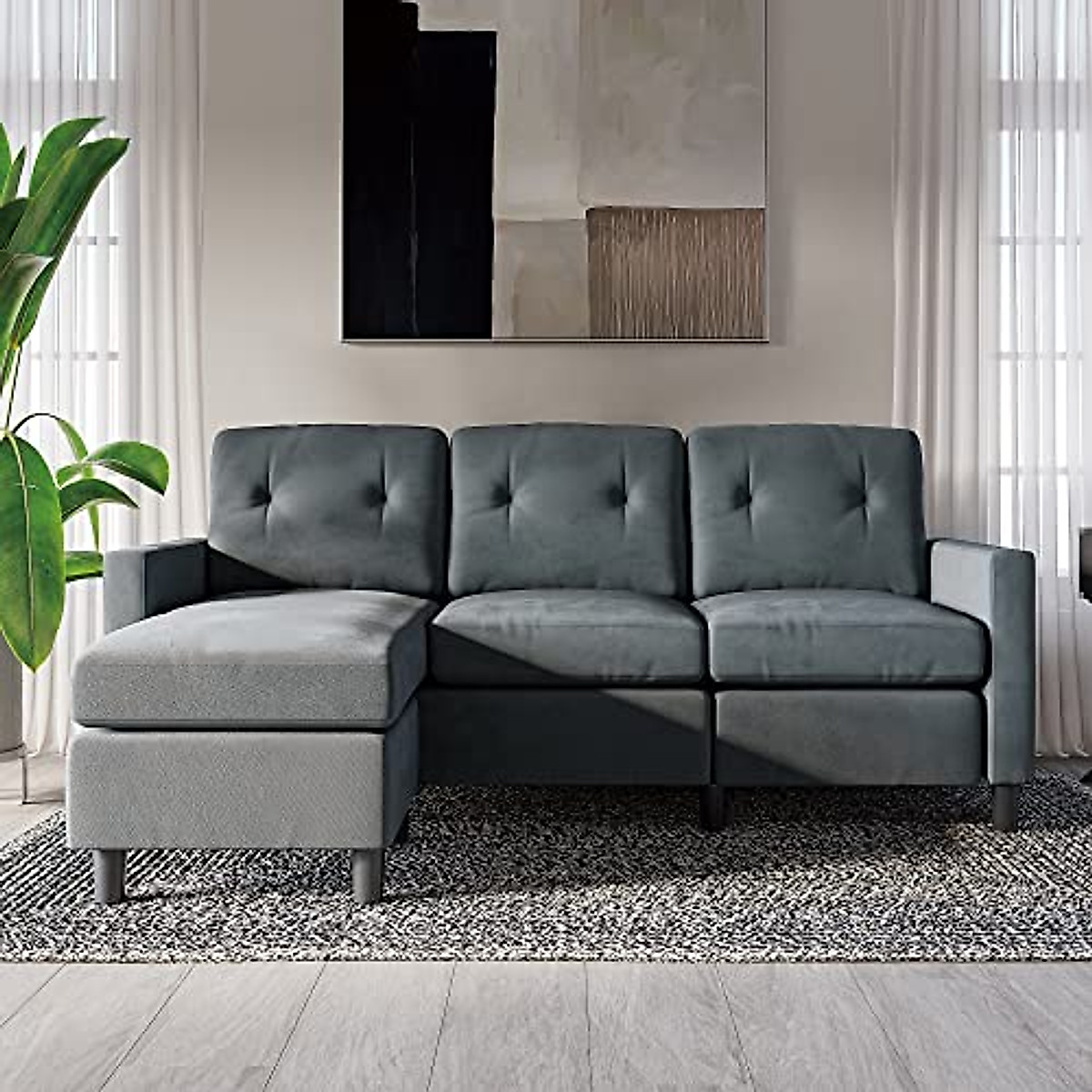 BELLEZE 3 Piece Convertible Sectional Sofa, Upholstered Fabric L Shaped Couch with Modular Chaise Lounge for Dorm Rooms, Apartments, Small Spaces - Altera (Dark Gray)