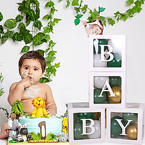 82 PCS Baby Shower Decorations for Boy Girl Kit - Transparent Baby Block Balloon Box Includes BABY, Alphabet Letters White Sage Green Gold Balloons, Gender Reveal Decor, Birthday Party Backdrop