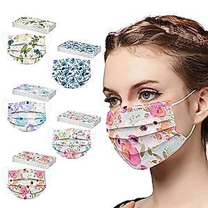 5 Colors Adults Flower Printed Disposable Face_Masks for Glasses Wearers 3-ply Colorful Floral Rose Breathable Facemask for Adult Face Protective Shield With Nose Wire Outdoors Indoors 50Pc