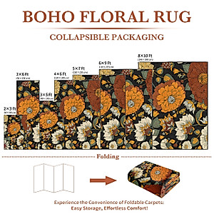 Tyrot Black Boho Floral Living Room Rugs Washable 8x10 Area Rug for Bedroom Farmhouse Non Slip Soft Mid Century Modern Accent Rugs Abstract Botanical Floor Carpet for Dining Room Grils Kids Room