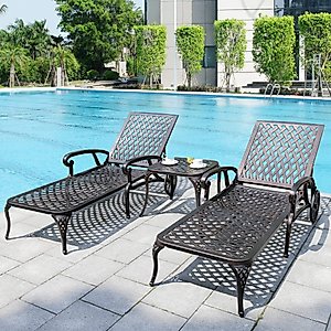 Villeston Chaise Lounges for Outside - Lounge Chairs Outdoor Set of 3 Pool Tanning Chair Adjustable Patio Recliner with End Table Cast Aluminum for Beach Yard, Antique Bronze
