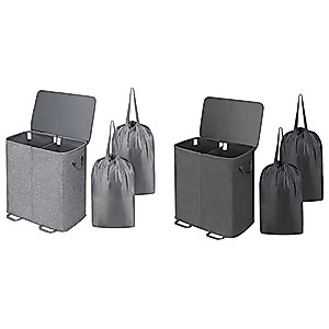 Lifewit Double Laundry Hamper with Lid and Removable Laundry Bags, Large Collapsible 2 Dividers Dirty Clothes Basket with Handles for Bedroom, Laundry Room, Closet, Bathroom, College, Grey and Black