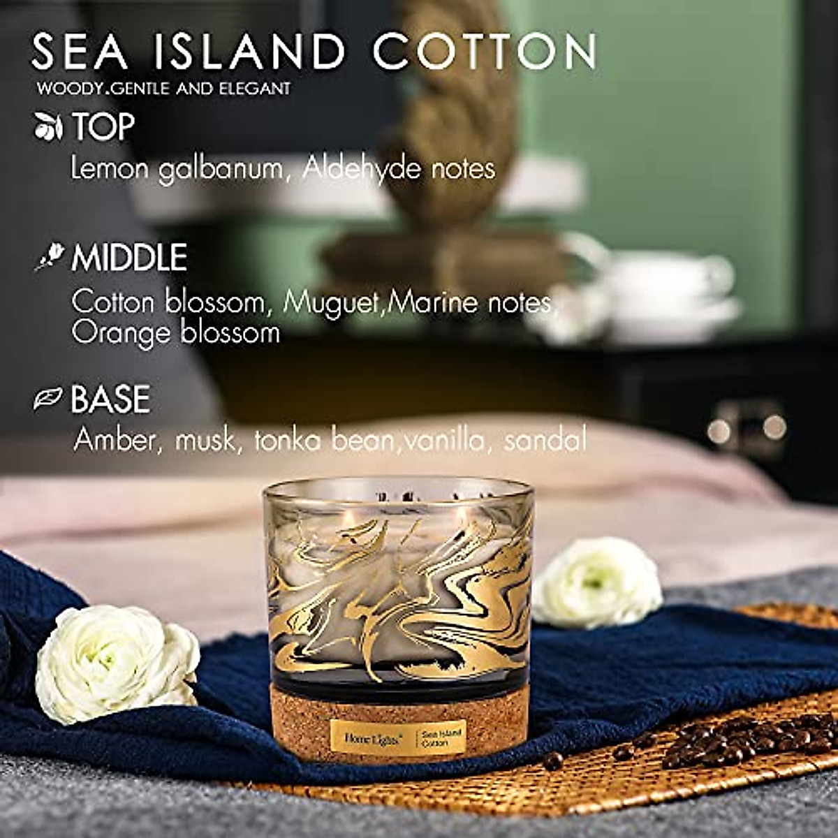 Scented Candles, Natural Soy Wax Candles for Home Scented, 2 Wicks Aromatherapy Candles with Wood Base, Large Candle for Decor Great Gifts,10 OZ - Sea Island Cotton