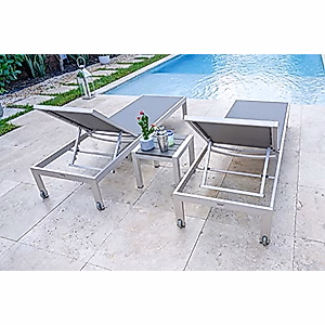 Belvedere 3-Piece Brushed Aluminum Outdoor Patio Furniture Chaise Lounge Chair Set w/Two Chaise Lounge Chairs and Side Table