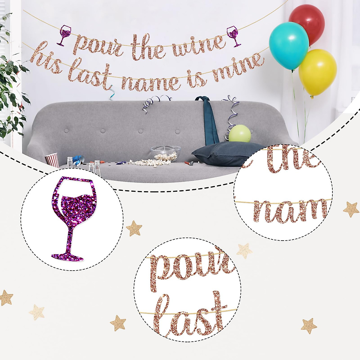 Ambishi Rose Gold Glitter Pour The Wine His Last Name is Mine Banner, Funny Bachelorette Party Decoration Sign, Wine Theme Bridal Shower Party Bunting Decor Photo Booth Props