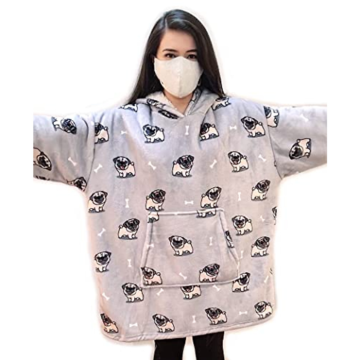 Pug Grey Dog Blanket Hoodie, Oversized Hoodie, 4XL Hoodie, Cute Dog Lover Gift, Comfortable Wearable Blanket, Pug Obsessed