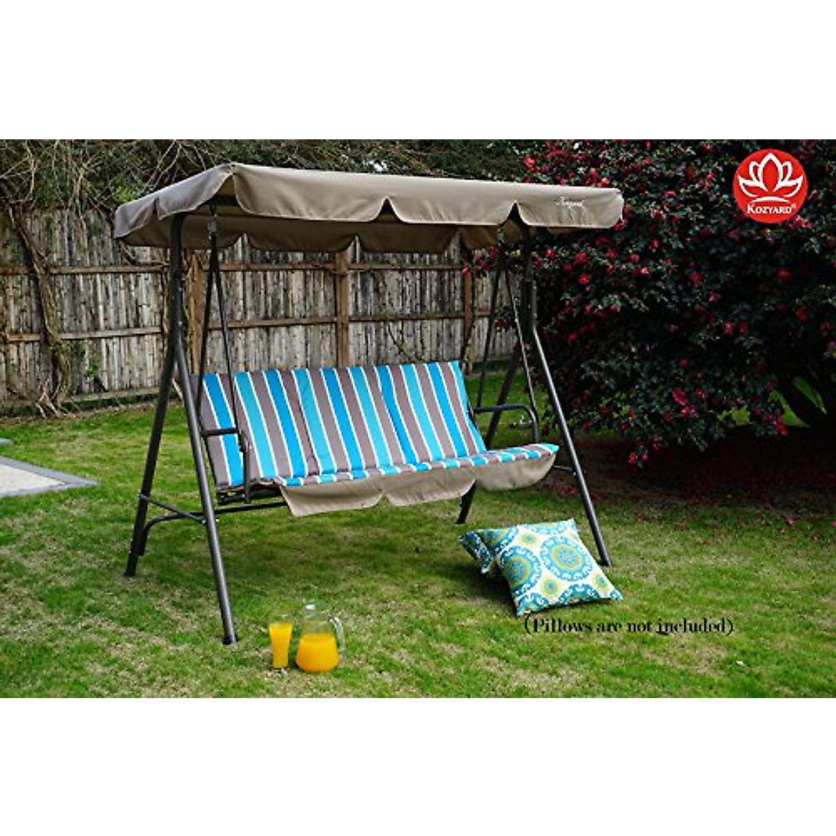 Alicia Patio Swing Chair with 3 Comfortable Cushion Seats and Strong Weather Resistant Powder Coated Steel Frame (Blue Stripe)