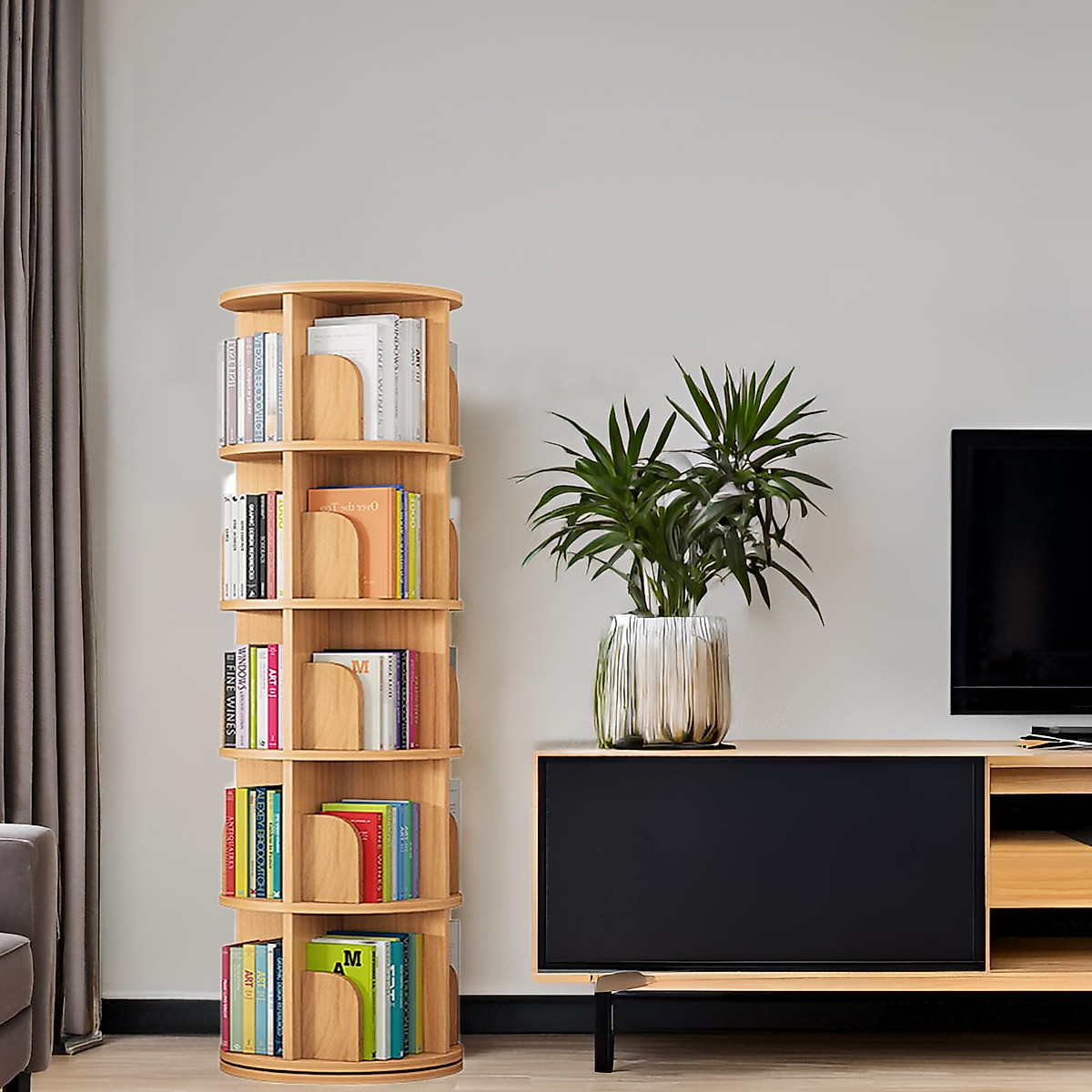 Feuusec Solid Wood Rotating Bookshelf Tower, 5 Tier 360° Display, Stackable Spinning Bookshelf for Kids & Adults, Corner Bookshelf for Small Space, Narrow Book Shelf Organizer