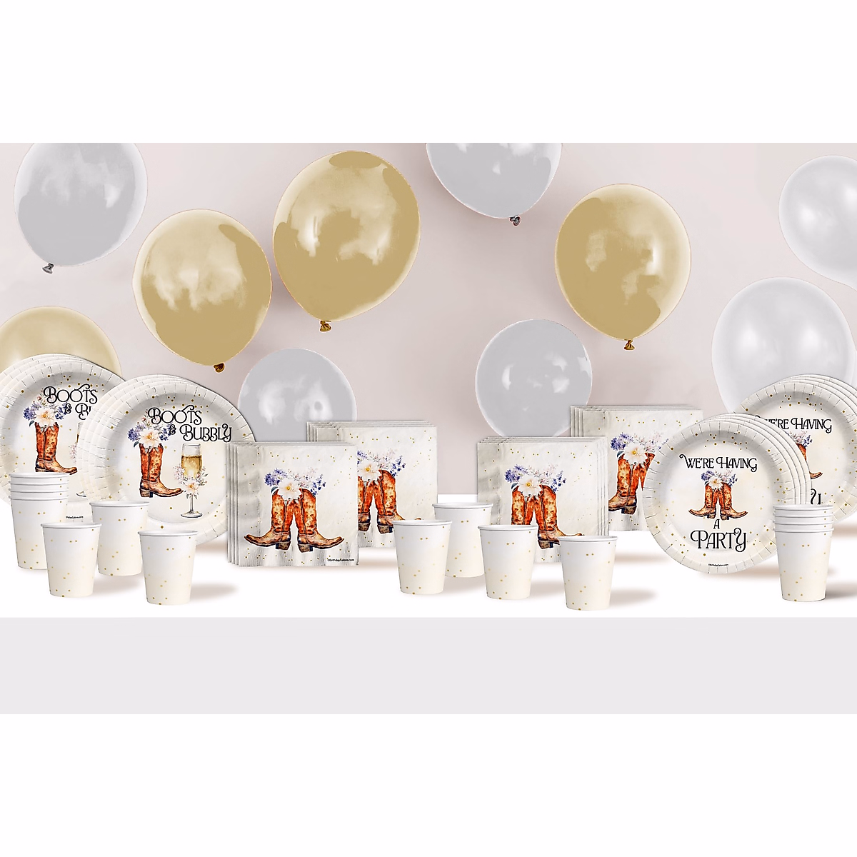 Birthday Galore Boot and Bubbly Bridal Shower Party Supplies 64 Piece Tableware Set Includes Large 9" Paper Plates Dessert Plates, Cups and Napkins Kit for 16