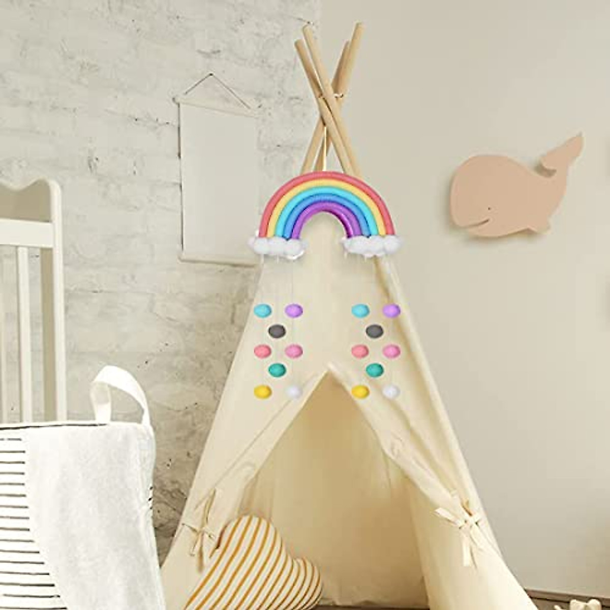 Boho Rainbow Nursery Decor Pom Pom Ball Handmade Macrame Rainbow Cloud Raindrop Wall Hanging Tassel for Home Decor Baby Room Nursery Classroom Dorm Room Baby Shower Party Supplies -Pink
