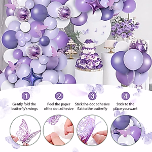 PERPAOL 150pcs Purple Balloon Garland Kit with Butterfly Stickers, Lavender White Macaron Metallic Purple Confetti Balloons Arch for Birthday Wedding Anniversary Sweet 16 Enchanted Forest Party Decor