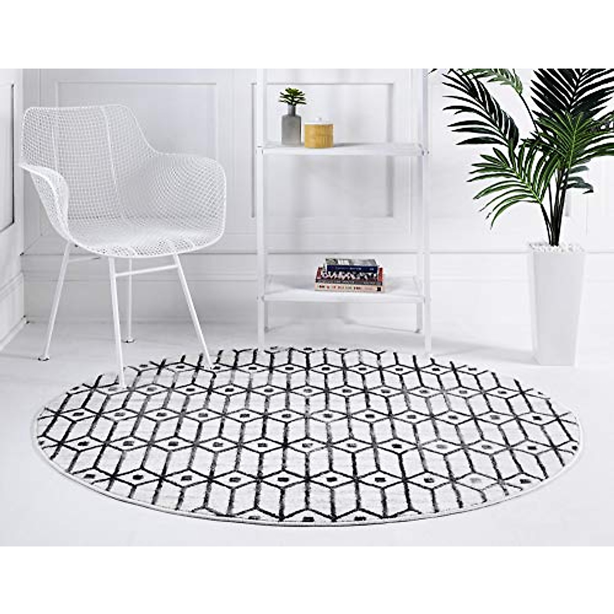 Rugs.com Lattice Trellis Collection Rug – 8 Ft Round White Low-Pile Rug Perfect for Kitchens, Dining Rooms