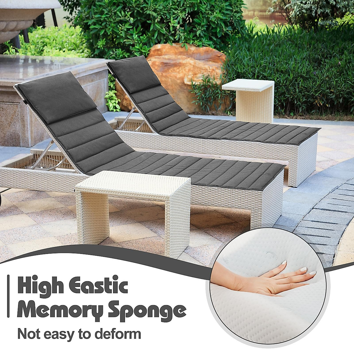 Hoolerry 2Pcs Folding Chaise Lounge Cushion Outdoor 72'' x 21'' Waterproof Lounge Chair Cushion Sofa Lawn Lounge Cushion with Headrest and Pocket Patio Recliner Cushion for Pool, No Chair (Grey)