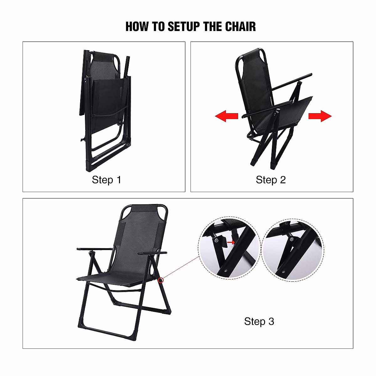 REDCAMP Set of 2 Folding Patio Lounge Chairs, High Back Reclining Lawn Chairs with 9 Levels Adjustable Backrest for Outdoor Camping Backyard Pool Porch, Black