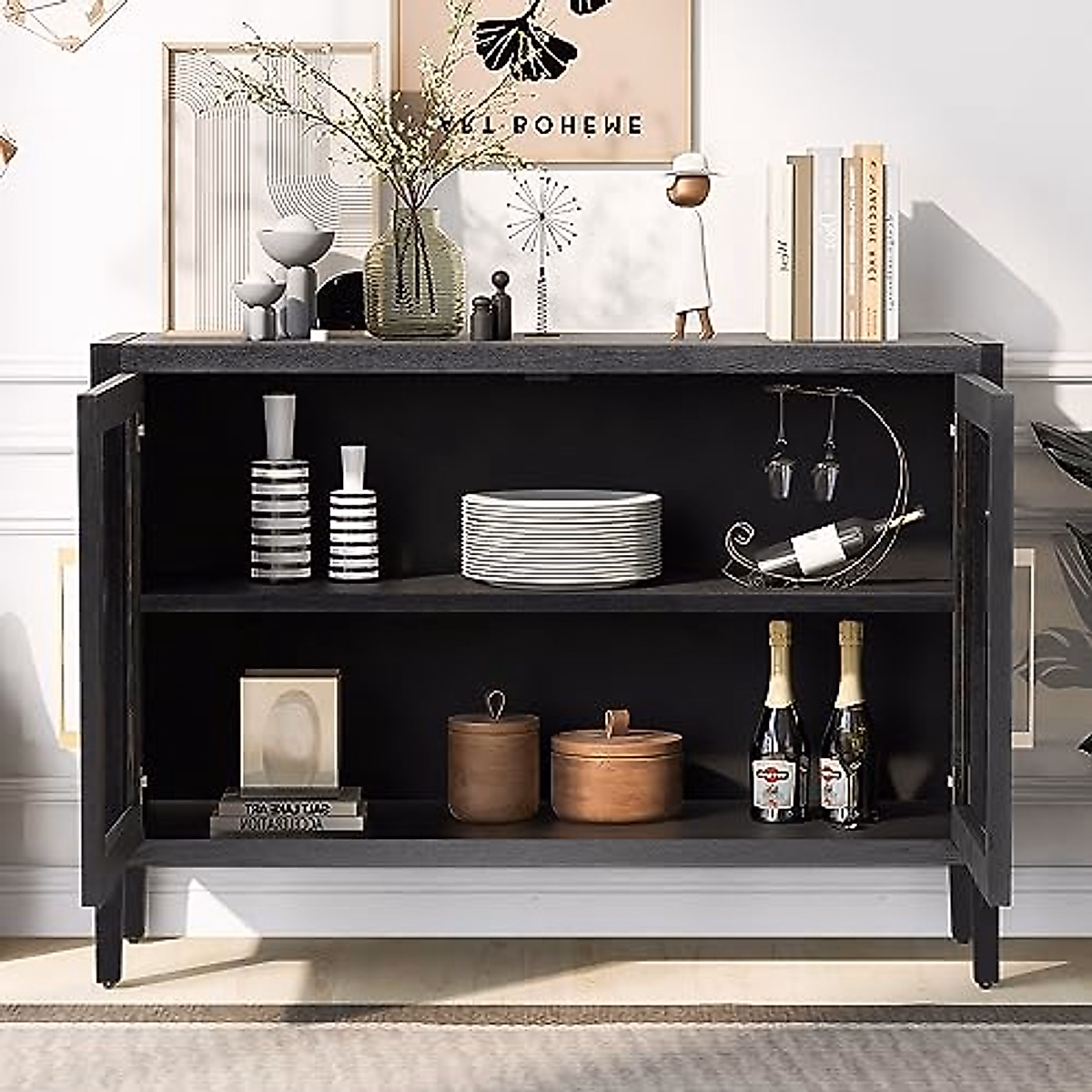 Bellemave Accent Storage Cabinet Sideboard with Two Tempered Glass Doors Freestanding Buffet Cabinet with Adjustable Shelf for Living Room, Hallway, Dining Room (Black)