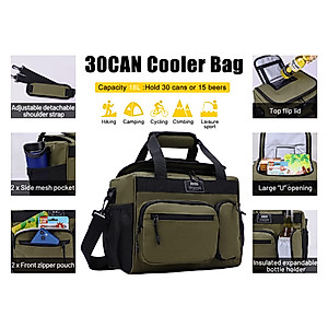 MIER Leakproof Insulated Cooler Lunch Bag for Adult Men Women 30 Can Cooler Bag with Top Flip Lid, 18L, Multiple Pockets (Dark Green-No Luggage Strap)