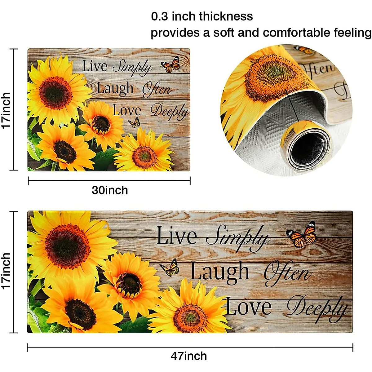 Sunflower Kitchen Rugs and Mats Yellow Sunflower on The Wooden Kitchen Decor Farmhouse Anti Fatigue Mat Non Skid Washable Standing Mat Live Laugh Love Kitchen Rugs17x30+17x47inch