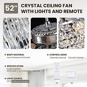 Moooni 52 Inch Modern Crystal Ceiling Fan with Lights and Remote, Elegant Chandelier Fan Light KIt Fandelier with 5 Wooden Blades for Bedroom Living Room Silver