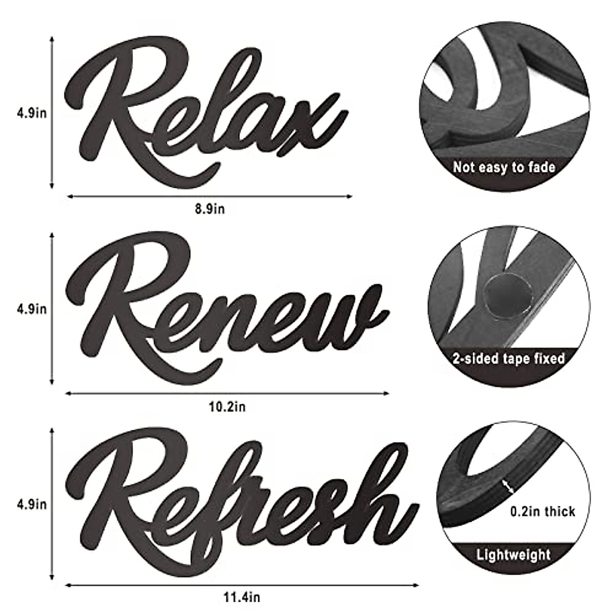 KOYILTD 3 Pieces Bathroom Decor Wooden Bathroom Sign Relax Renew Refresh Sign (black)