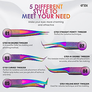 GTEX Lash Tweezers For Eyelash Extensions Tweezers, Circle Grip - Japanese Steel - Professional Eyelash Tweezers For Extensions, 5 Pack - Silver