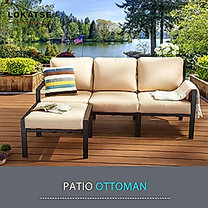 LOKATSE HOME Outdoor Ottoman Patio Footstool Small Seat Furniture with Soft Thick Cushion for Garden Yard Deck Poolside, Beige