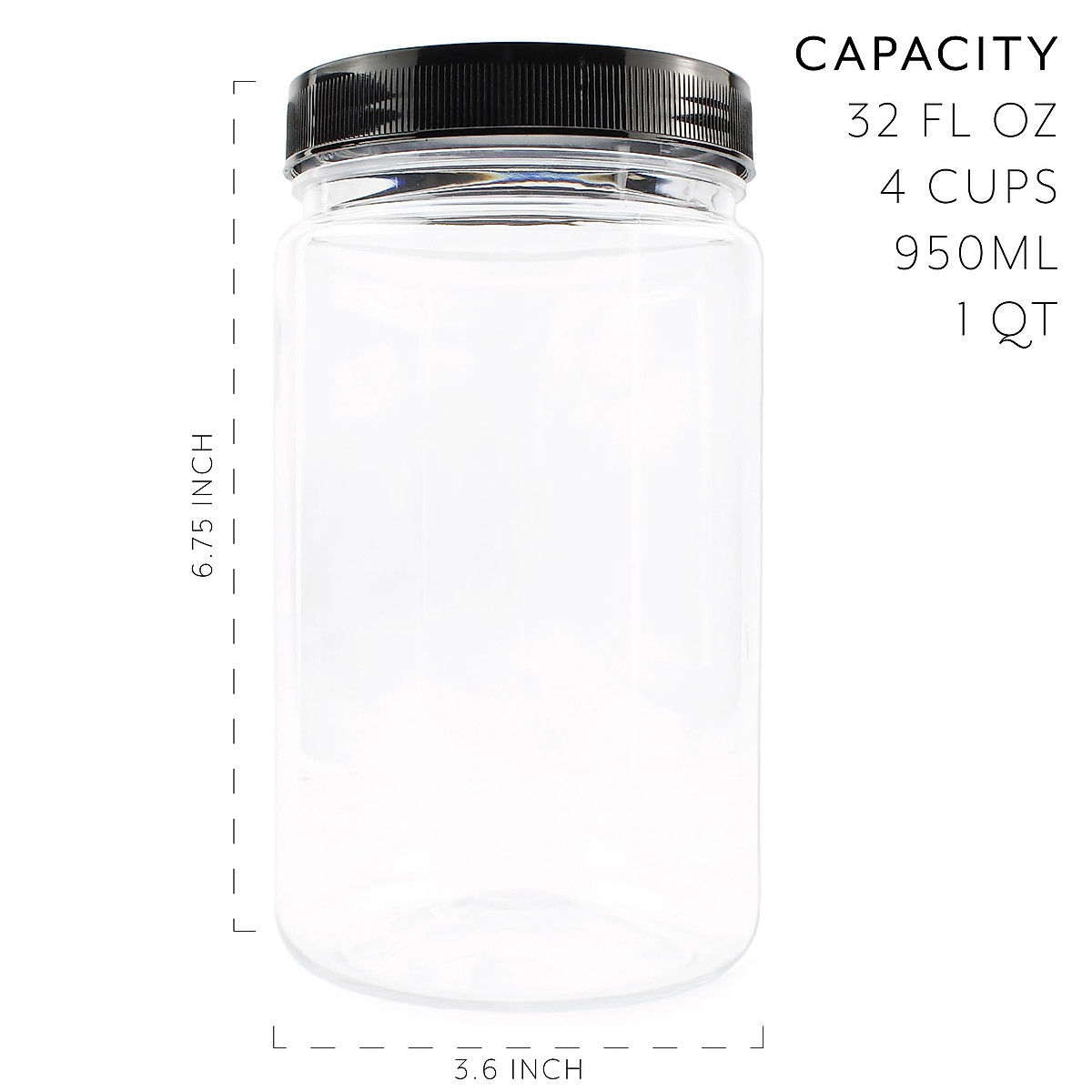 Cornucopia 32oz Clear Plastic Jars with Black Ribbed Lids (6 pack): BPA Free PET Quart Size Canisters for Kitchen & Household Storage