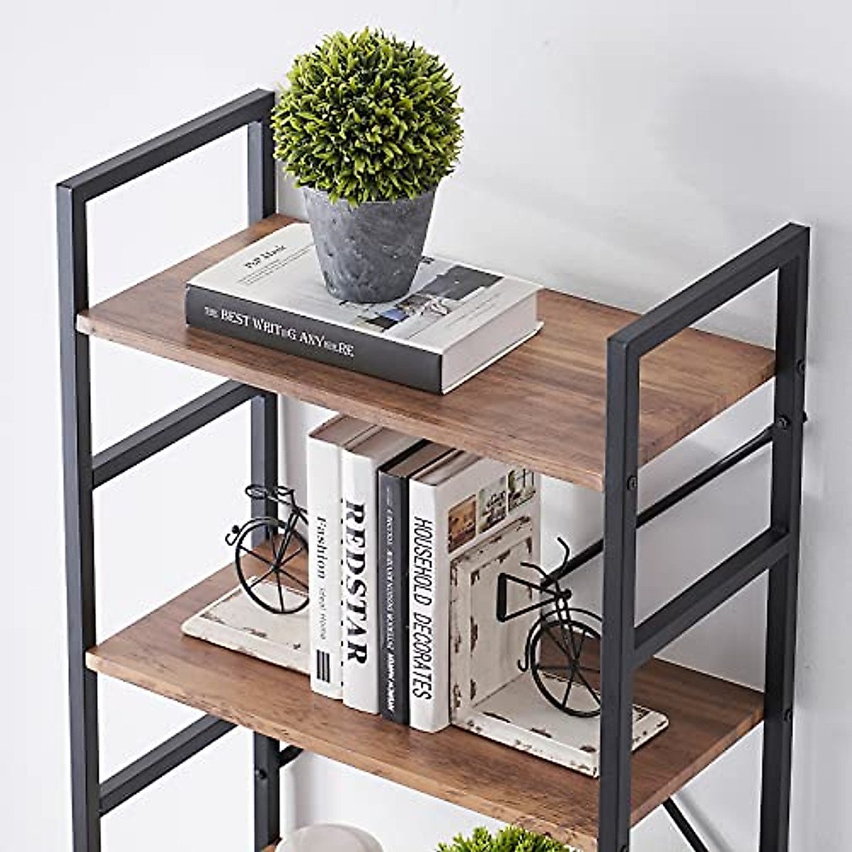 HASIODXE Industrial 4 Tier Bookshelf, Wood Etagere Bookshelves and Bookcase with Metal Frame, Rustic Standing Unit Shelf Display Rack for Living Room/Home Office, Vintage Brown