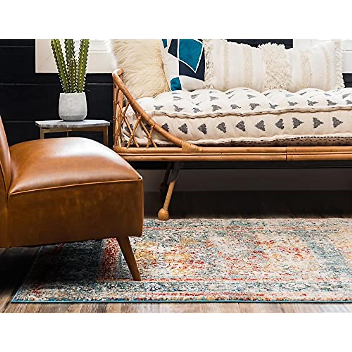 Unique Loom Rosso Collection Vintage, Traditional, Bohemian, Border, Distressed, Southwestern Area Rug, 4' 0" x 6' 0", Blue/Ivory