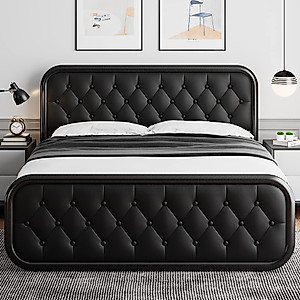 iPormis Full Size Metal Bed Frame with Leather Headboard, Heavy-Duty Platform Bed Frame, Thicker Metal Steel Slats Support, 12'' Under-Bed Space, Noise-Free, Easy Assembly, Black