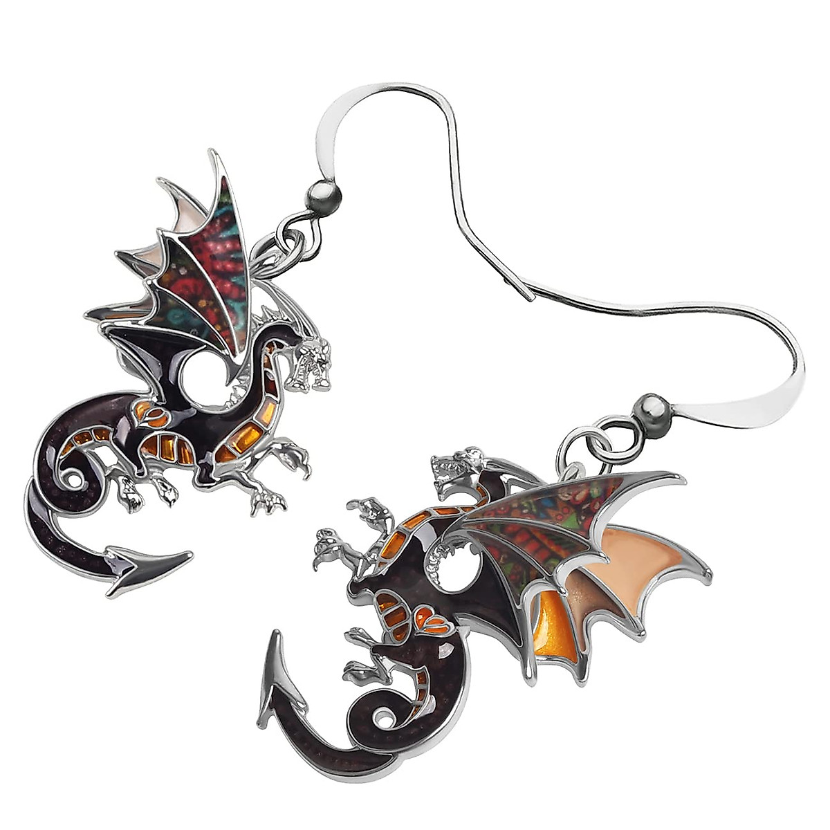 Enamel Alloy Dragon Earrings Fantasy Dinosaur Drop Dangle Fashion Jewelry For Women Charm Gift (Brown)