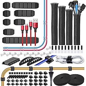 Cord Management Organizer Kit 6 Cable Sleeve Split with,50 Self Adhesive Cable Clips Holder,100 Fastening Cable Ties,10 Adhesive Cable Clips ,2 Roll Self Adhesive tie for TV Office Desk Car Desk Home