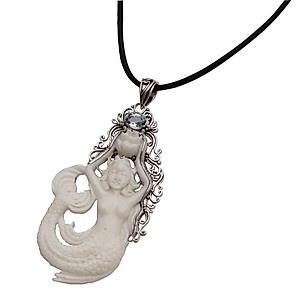 NOVICA Artisan Blue Topaz and Bone Pendant Necklace Sterling Silver Mermaid Leather Indonesia Animal Themed Birthstone Sea Lifemermaid [19.75 in L 2 mm W Pendant(s) 3 in H x 1.4 in W x 0.3 in D] '