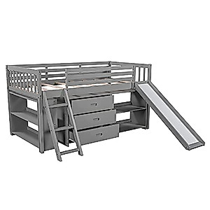 DEYOBED Twin Size Wooden Loft Bed Frame with Slide,Bookcases and Storage Drawers,Convertible Ladder for Kids Teens