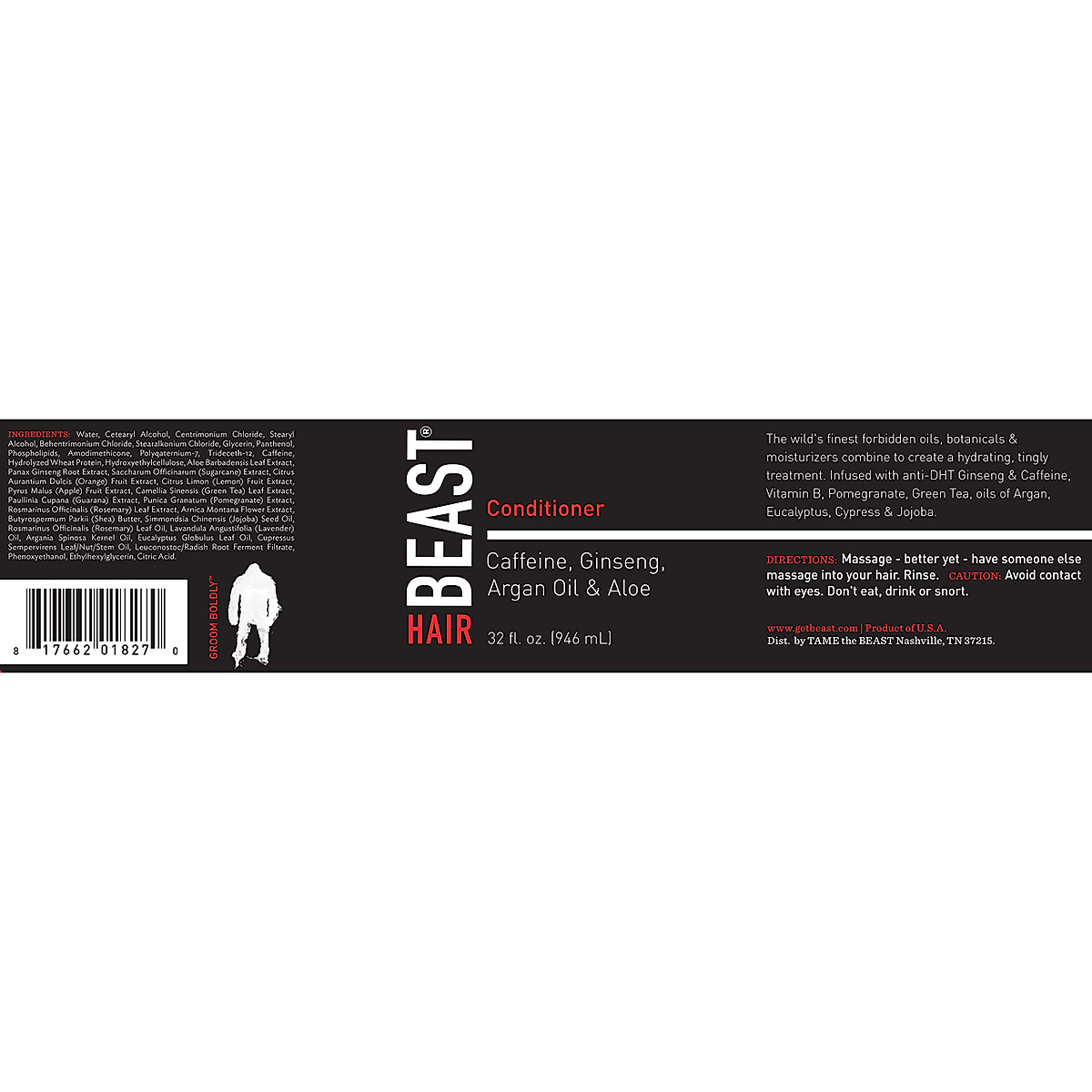 Beast Caffeine Conditioner 32oz Large Liter Size - Ginseng Argan Oil Vitamins B Green Tea Eucalyptus Pomegranate Oils Shea Butter Aloe - Paraben Free Moisturizing DHT Blocking Dry Scalp Tame the Beast