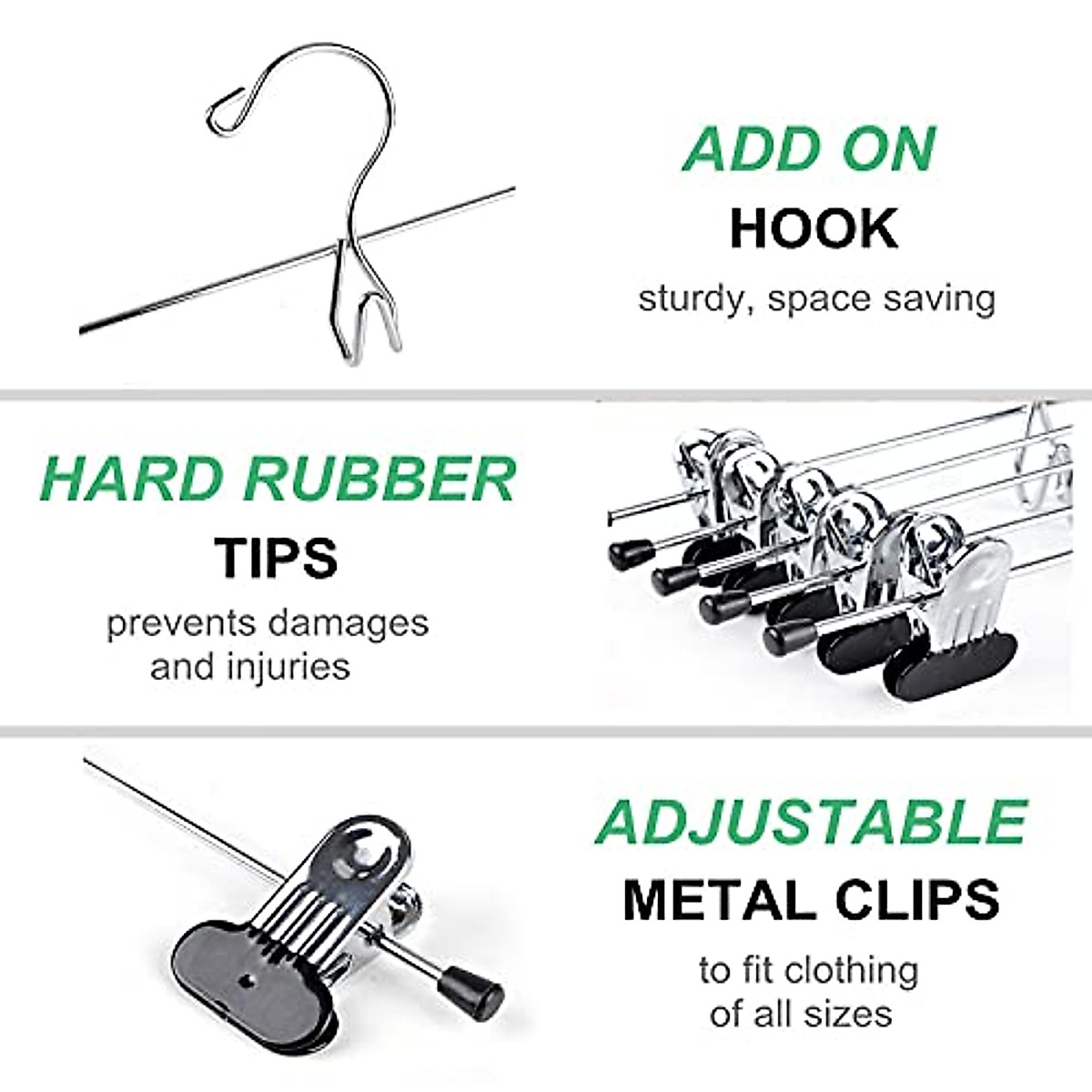 Amber Home 12 Pack Heavy Duty Add on Metal Pants Skirt Hangers, Stackable Add-on Metal Clothes Hangers with 2-Adjustable Clips, Cascading Clip Hangers Space Saving for Jeans, Slacks