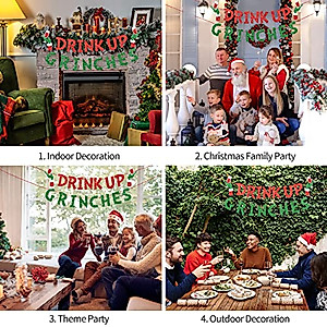Glittery Drink Up Grinches Banner, Christmas Party Decoration, Christmas Banner for Outdoor Indoor Hanging Decor and Fireplace Xmas Party Holiday Supplies Decoration