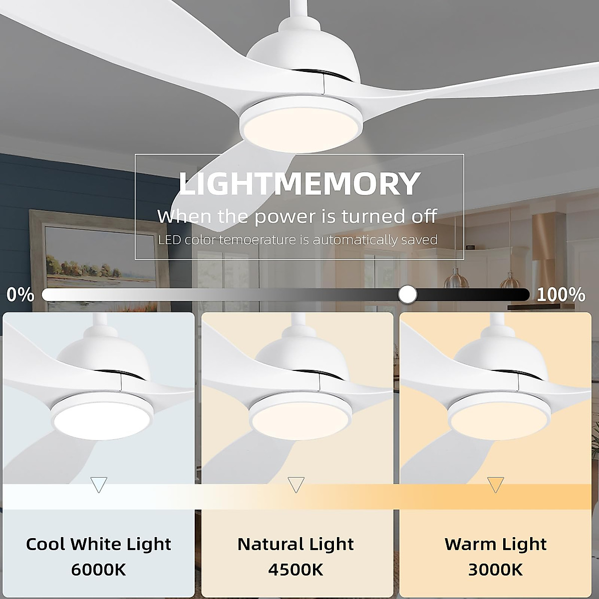 SODSEA 52 Inch Ceiling Fan with Lights, white Modern Ceiling Fan with Remote/APP Control Dimmable 3-Color Temperature,2 Rods, ceiling fan with lights remote control.for Indoor/Outdoor…