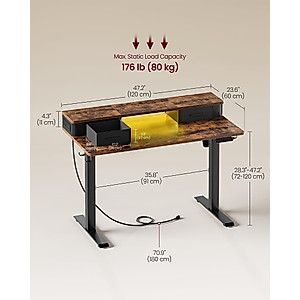 VASAGLE Electric Standing Desk with Drawers, Sit Stand Desk with Built-in Power Strip, Adjustable Height, 23.6 x 47.2 Inches, 2 Hooks, Memory Function, for Home Office, Rustic Brown ULSD182X21