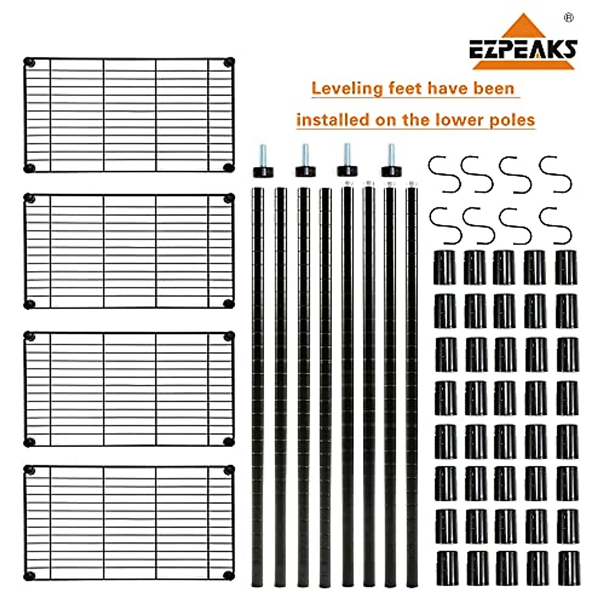EZPEAKS 4-Shelf Shelving Unit with 8 Hooks and 4-Shelf Liners, NSF Certified, Adjustable Metal Wire Shelves, Shelving Rack and Storage for Kitchen Laundry Bathroom Pantry Closet(23.6W x 14D x 47H)
