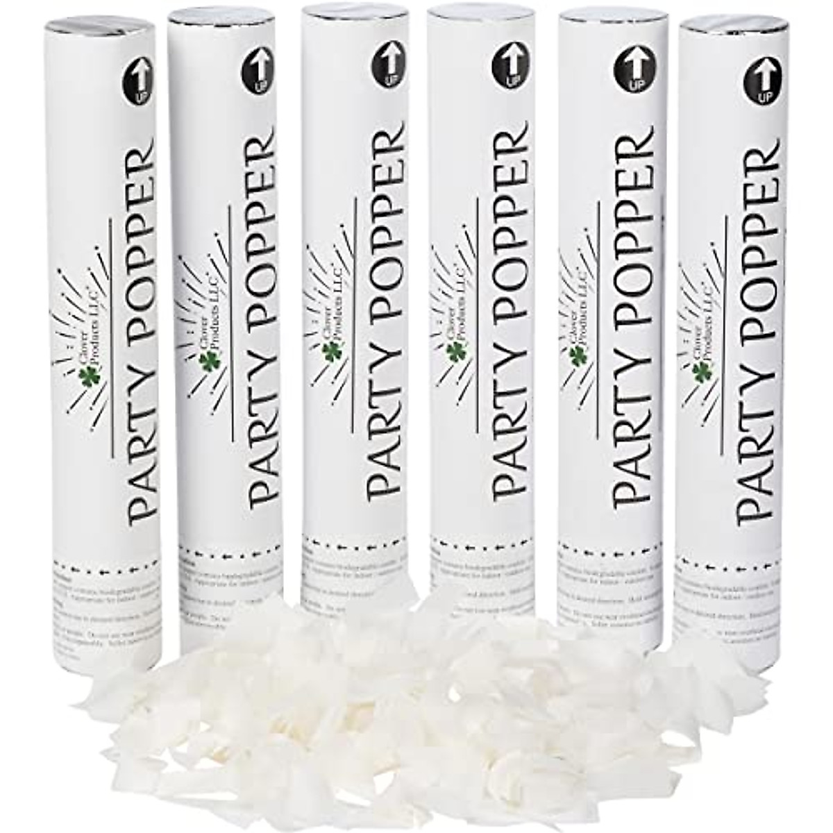 Clover Products Large Premium Wedding Confetti Cannon - (6 Pack) White Biodegradable Paper Confetti Popper | Launches Confetti 20-25 Feet | Party Poppers for Wedding or any occasion.