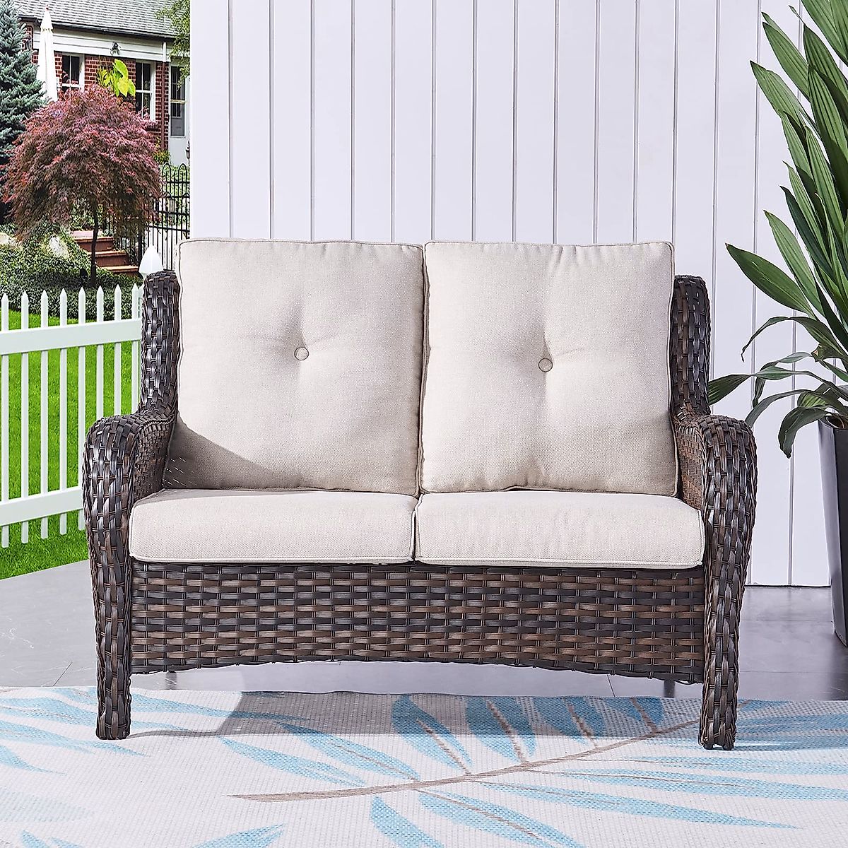 Rilyson Outdoor Patio Couch Wicker Sofa - 3 Seater Rattan Sofa for Outside Patio Garden Porch with Deep Seating and Cushions(Brown/Blue)