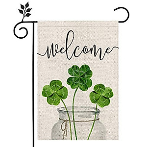 CROWNED BEAUTY St Patricks Day Garden Flag 12x18 Inch Double Sided for Outside Small Burlap Green Shamrocks Clovers Welcome Yard Holiday Flag
