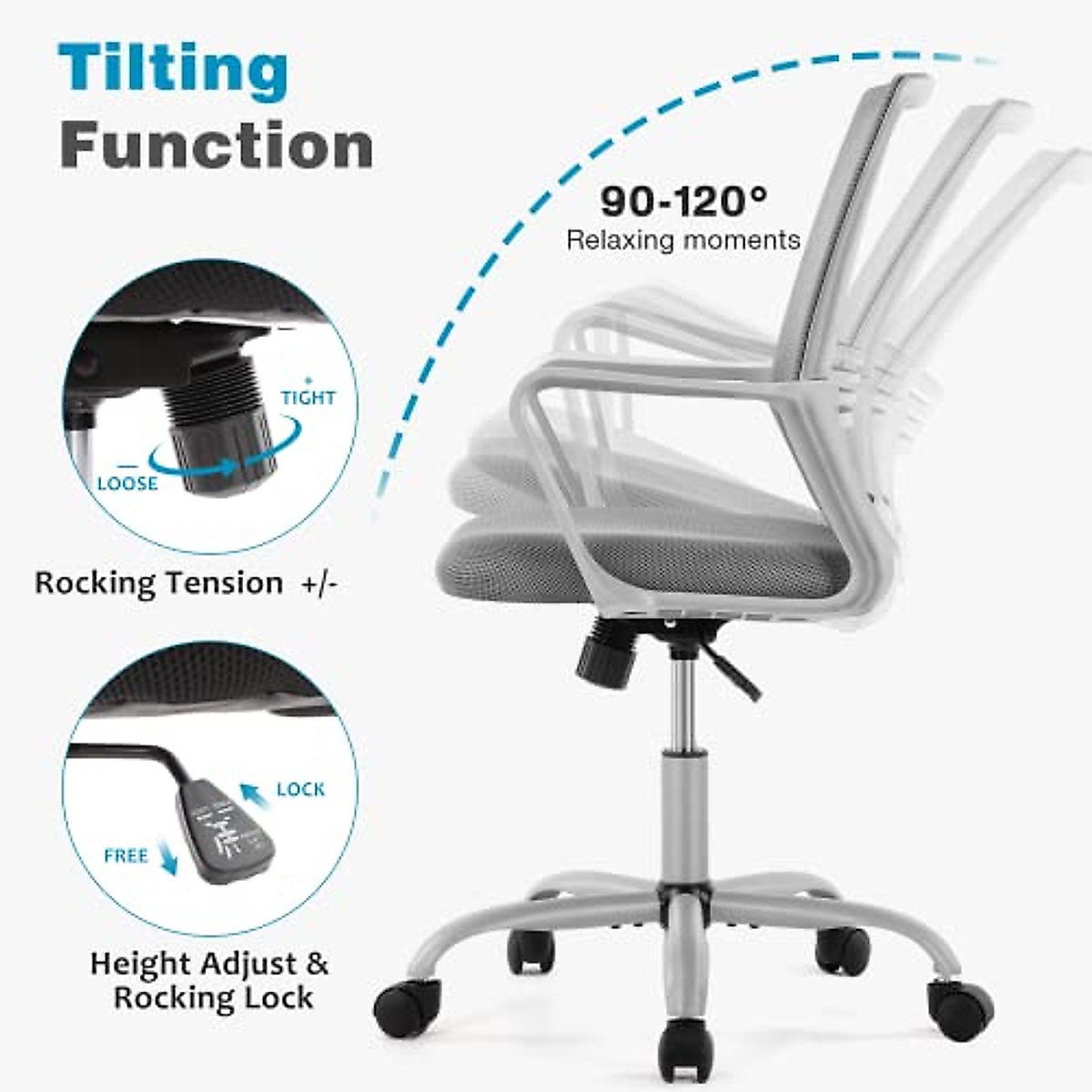Ergonomic Home Office Chair – Rolling Desk Chair with Lumbar Support and Armrest, Height Adjustable Breathable Mesh Chair, Mid Back Executive Task Chair with Padded Seat and Tilt Function