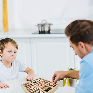 Gamie Wooden Tic-Tac-Toe Game, Small Travel Game with Fixed Spinning Pieces, Classic Wood Game for Kids, Fun Indoor Game Night Activity for Boys and Girls