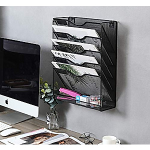 EasyPAG Mesh Wall Hanging File Organizer Holder 5 Tier Vertical Pocket Magzine Rack with Tray | Sides Closed ,Black