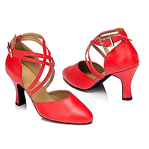 TDA Women's Round Toe Ankle Wrap Buckle Red Leather Salsa Tango Ballroom Latin Modern Dance Wedding Shoes 4 M US