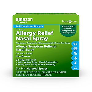 Amazon Basic Care 24-Hour Allergy Relief Nasal Spray, Fluticasone Propionate (Glucocorticoid) 50 mcg, Full Prescription Strength, Non-Drowsy, 0.62 fl oz (Pack of 3)
